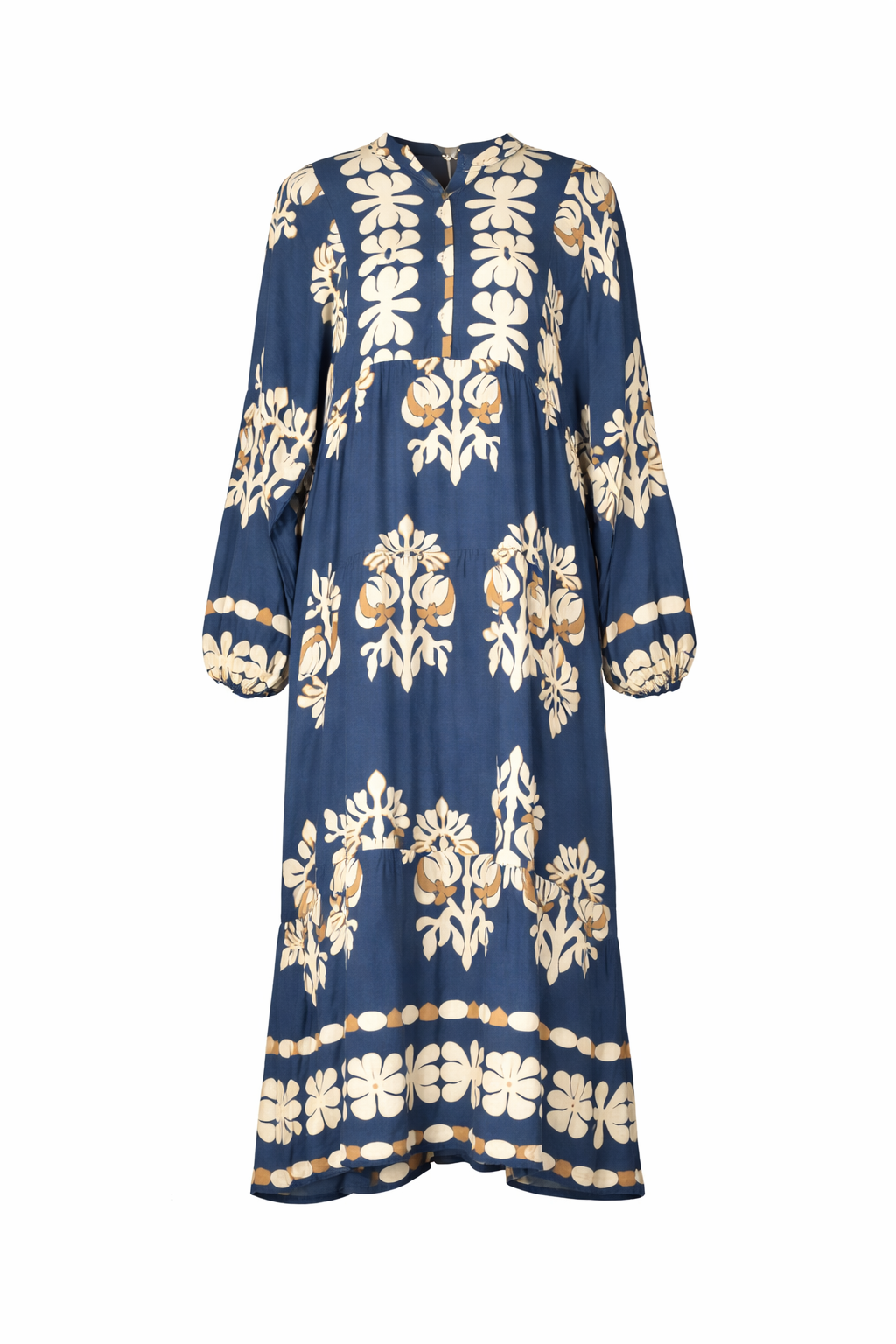 Blue, White and Brown Flowy Long Sleeve Cotton Modest Maxi Dress with ...