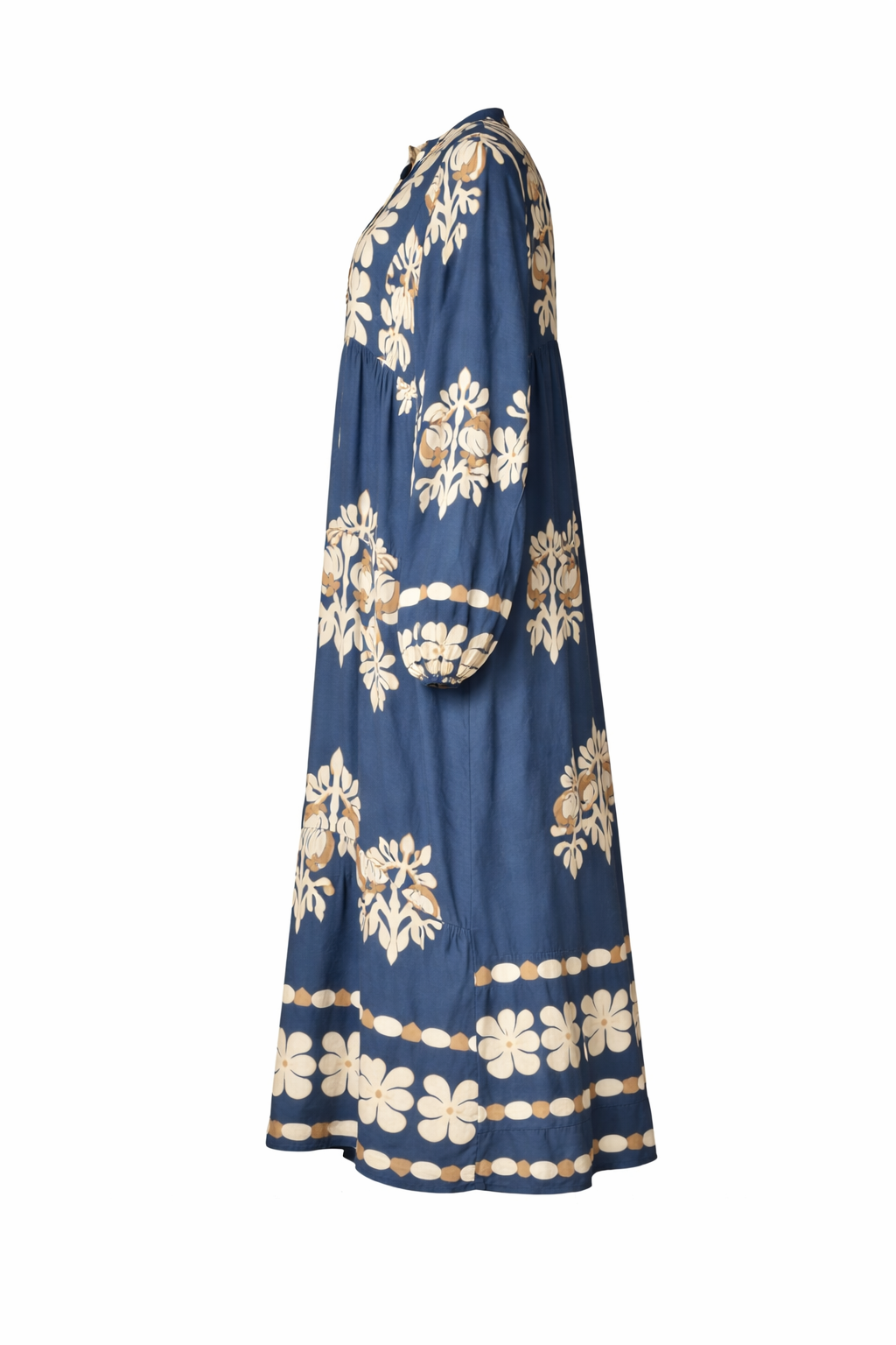 Blue, White and Brown Flowy Long Sleeve Cotton Modest Maxi Dress with ...