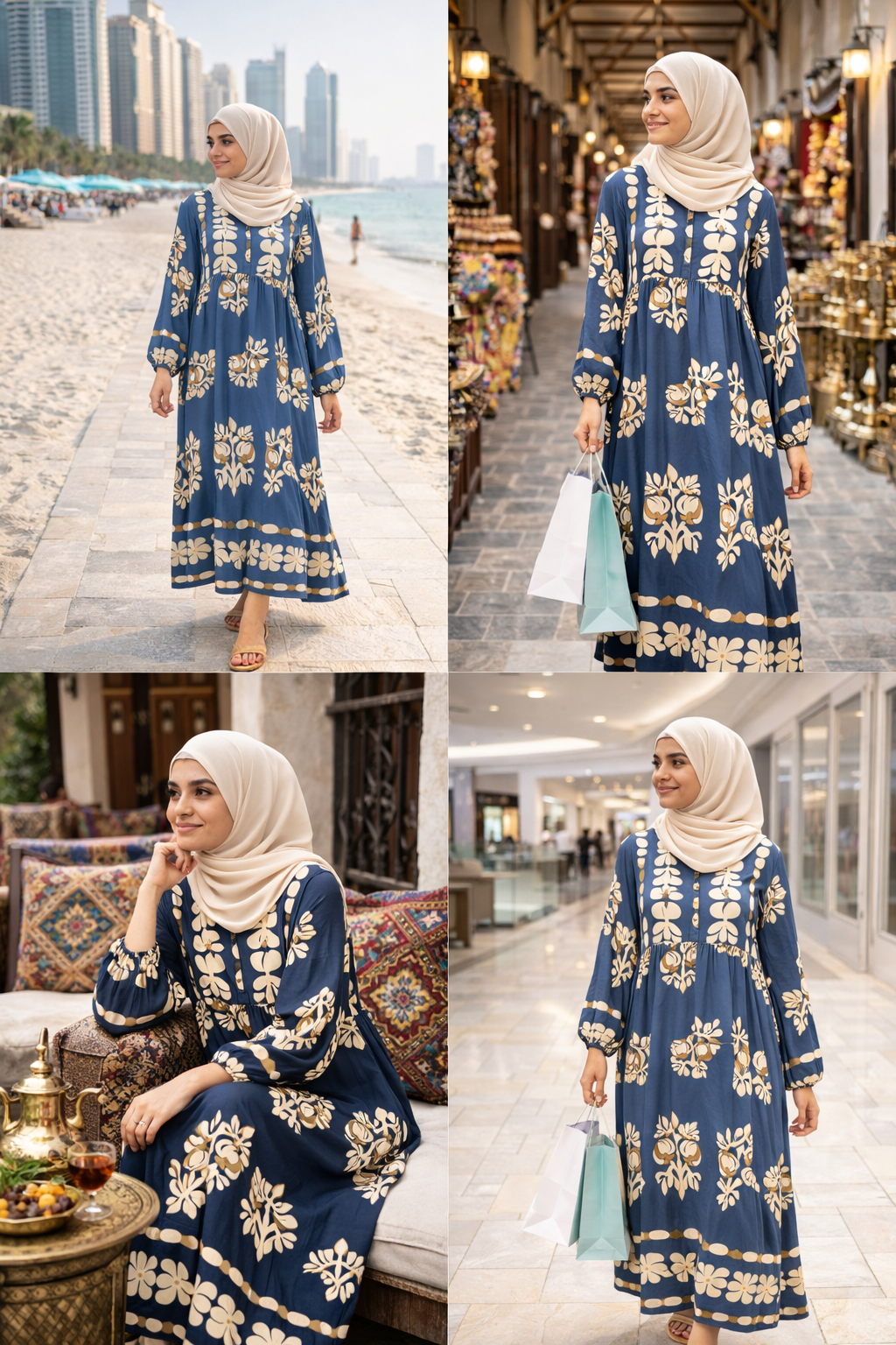 Blue, White and Brown Flowy Long Sleeve Cotton Modest Maxi Dress with ...