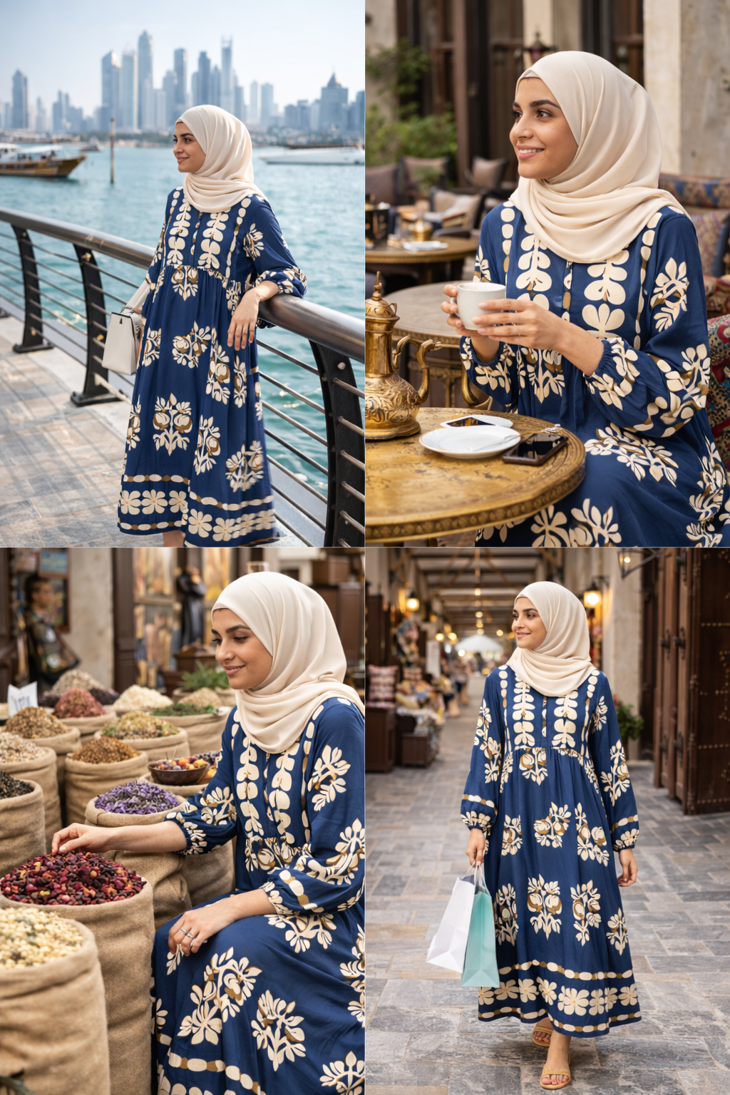 Blue, White and Brown Flowy Long Sleeve Cotton Modest Maxi Dress with ...